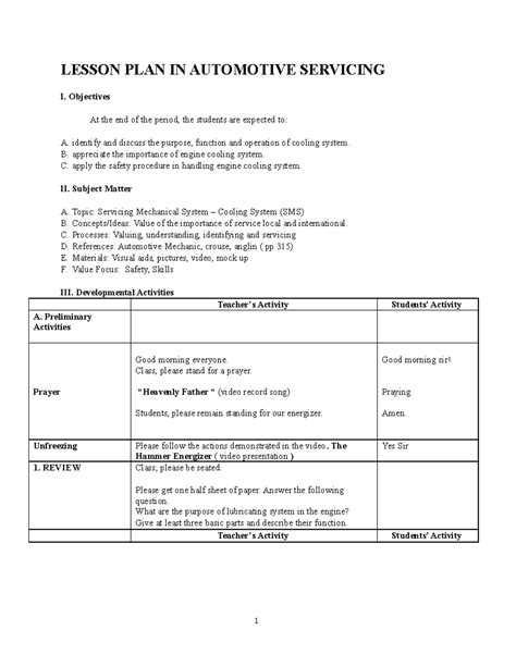 Lesson Plan For Automotive Servicing Nc 1 Cooling System Overview
