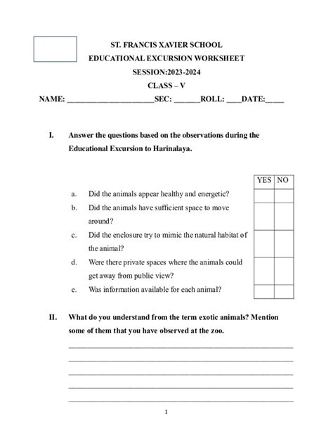 Fillable Online Class Iieducational Excursion Worksheet Fax Email Print