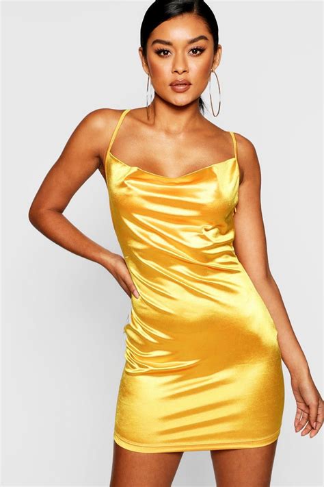 Dresses Satin Cowl Front Bodycon Dress Boohoo Loose Fitting
