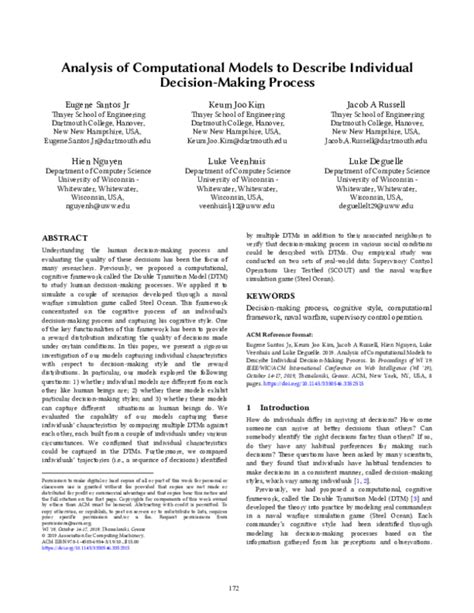Pdf Analysis Of Computational Models To Describe Individual Decision