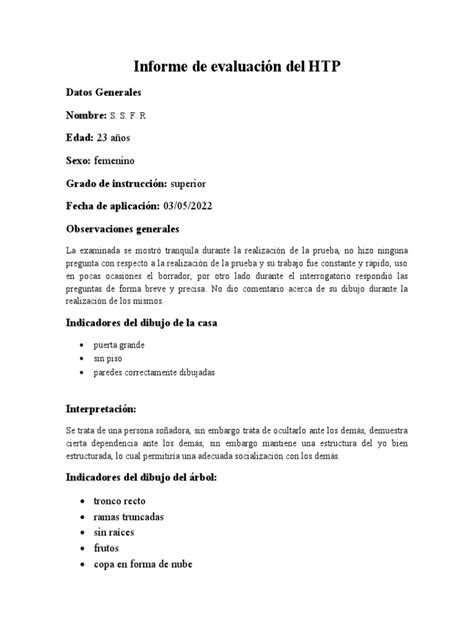 Modelo De Informe De Evaluacion Del Htp Pdf Pensamiento Dibujo