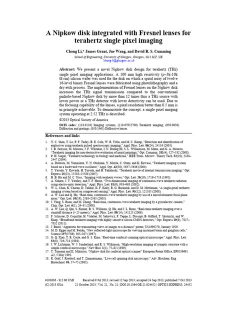 A Nipkow Disk Integrated With Fresnel Lenses For T Pdf Terahertz
