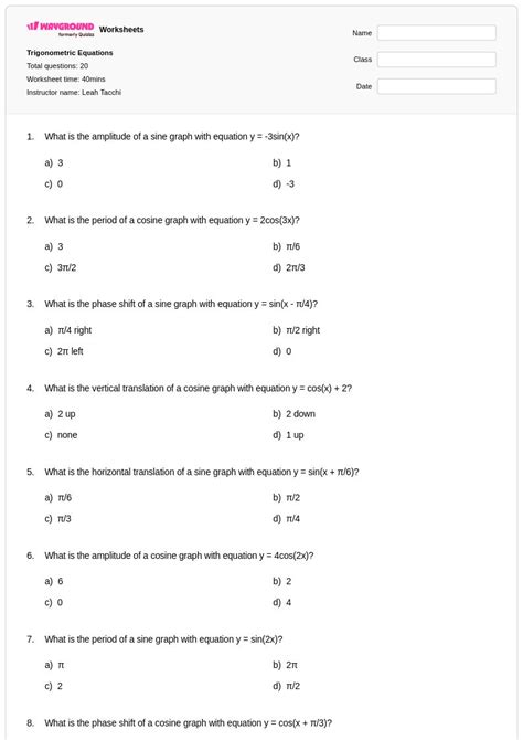 50 Trigonometric Equations Worksheets For Class 11 On Wayground Free