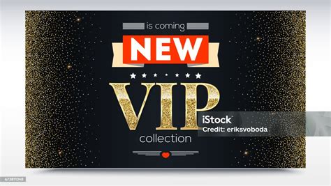 새 컬렉션은 오고 있다 명품 Vip 텍스트 포스터 또는 초대 카드입니다 골든 반짝 반짝 먼지와 추상 금속 패턴입니다 수평 한 그림 프레임입니다 광고 배너 표지 서식 파일