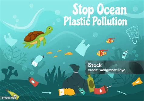 쓰레기 봉투 쓰레기 병과 같은 바다 밑의 쓰레기가 있는 해양 플라스틱 오염 벡터 일러스트레이션을 평면 만화 손으로 그린 템플릿에 멈추십시오 0명에 대한 스톡 벡터 아트 및