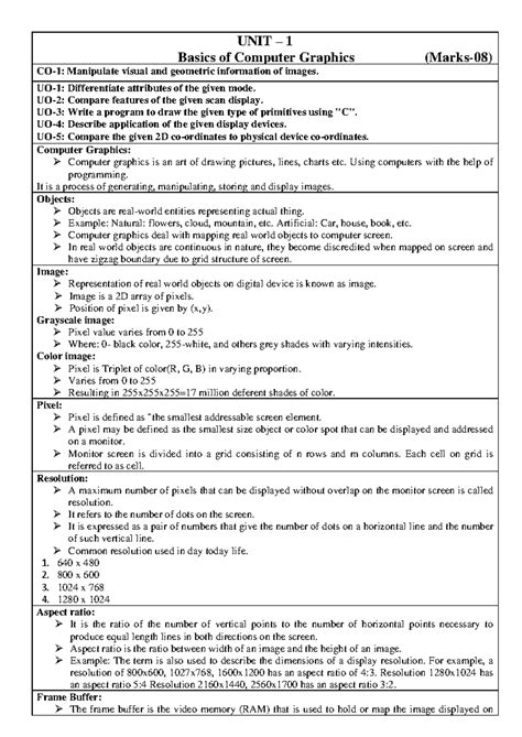 Cgr Unit 1 Computer Graphics First Unit Notes Unit 1 Basics Of Computer Graphics Marks 08