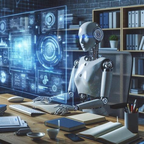 Ai Assistant In Futuristic Office Premium Ai Generated Image