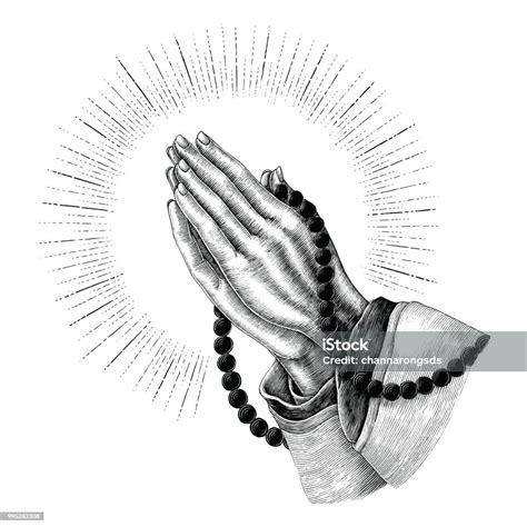 기도 손 흰색 배경에 고립 된 광선 빈티지 클립 아트와 그리기 기도하기에 대한 스톡 벡터 아트 및 기타 이미지 기도하기