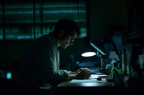 Premium Ai Image A Man Sits At A Desk In A Dark Room Writing On A Paper