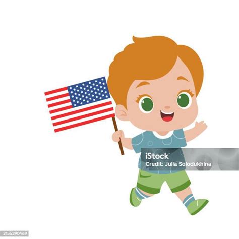 미국 국기를 들고 귀여운 빨간 머리 소년 독립 기념일 7 월 4 일 또는 선거에 대한 미국 국기를 가진 재미있는 만화 아이 캐릭터 흰색 배경에 고립된 벡터 그림 7월에 대한