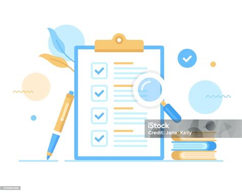 점검 표 벡터 그림입니다 체크 마크 펜 책 및 돋보기가있는 클립 보드 및 확인 목록 문서 체크마크 진드기 설문 조사 완료 된 작업 완료 작업 퀴즈 개념 승인 배경 주제에