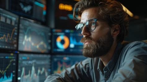 A Man In Glasses Looking At Multiple Computer Screens With Graphs And Charts Premium Ai