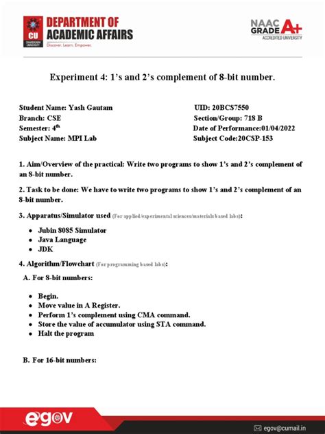 Experiment 4 1s And 2s Complement Of 8 Bit Number Jubin 8085