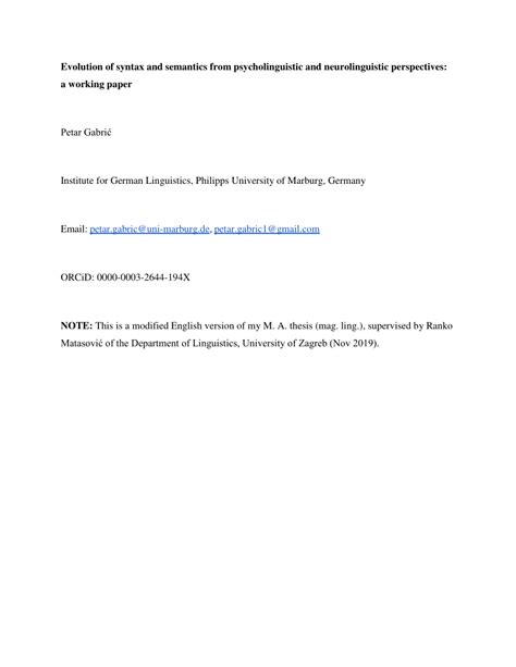 Pdf Evolution Of Syntax And Semantics From Psycholinguistic And Neurolinguistic Perspectives