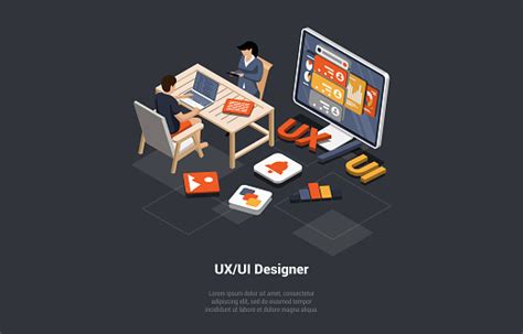 Ux Ui 디자인 디지털 아트 서체 아이콘 개념 디자이너 팀 사무실에서 직장에서 남자와 여자는 모바일 및 Pc용 응용 프로그램 인터페이스를 만듭니다 아이소메트릭 3d 만화