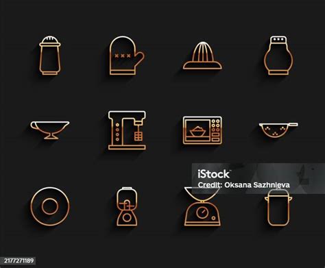 세트 라인 접시 믹서기 소금과 후추 저울 요리 냄비 전기 믹서 주방 소쿠리 및 전자 레인지 아이콘 벡터 가정 생활에 대한 스톡 벡터 아트 및 기타 이미지 Istock