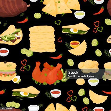 라틴 아메리카 요리와 매끄러운 패턴입니다 멕시코 음식 퀘사 디아 타코 엠파 나다 Achiote 치킨 검은 배경에 구운 고기 벡터 그림입니다 끝없는 배경 전통 요리입니다 0