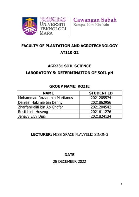 Rozie LAB Report 5 Determination Of Soil P H FACULTY OF PLANTATION AND AGROTECHNOLOGY AT110 G