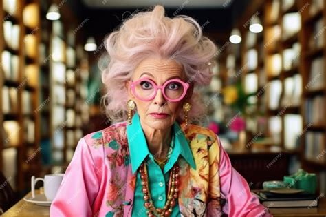 Premium Photo Portrait Of An Elderly Librarian Woman In Colored