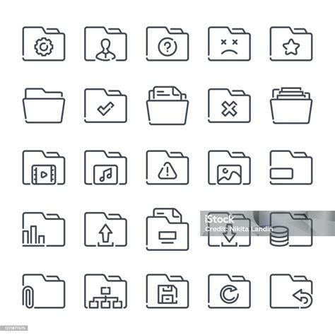 폴더 관련 줄 아이콘 세트입니다 문서 아카이브 선형 아이콘입니다 파일 조직은 벡터 표시 및 기호 컬렉션을 간략하게 설명합니다 아이콘에 대한 스톡 벡터 아트 및 기타 이미지