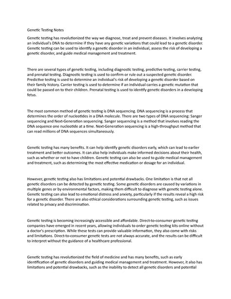 Genetic Testing Notes Genetic Testing Notes Genetic Testing Has