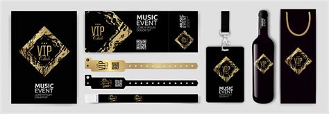Vip 초대 액세스 팔찌 끈 티켓 와인 병 및 와인 포장을위한 디자인 템플릿으로 설정합니다 황금과 검은 색 대리석 질감 배경 고급 스러운 스타일 가는 끈에 대한 스톡 벡터