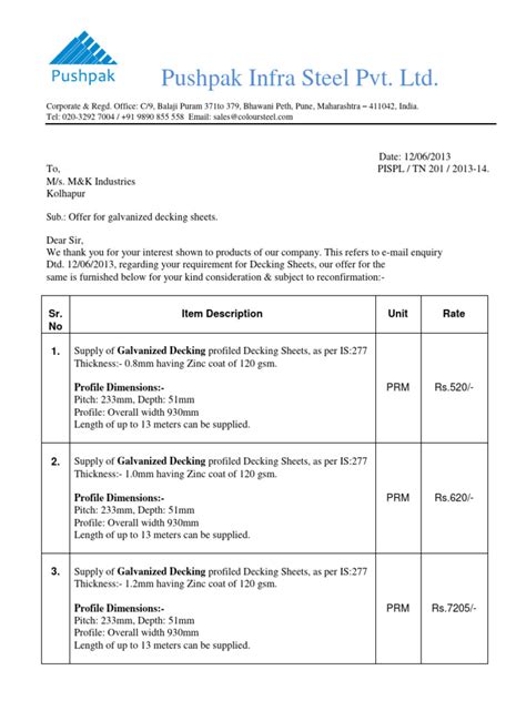 Pushpak Infra Steel Deck Quotation Pdf
