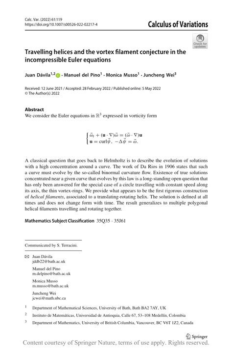 Pdf Travelling Helices And The Vortex Filament Conjecture In The Incompressible Euler Equations