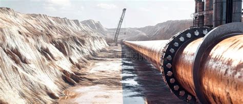 Top View Of A Long Oil And Gas Pipeline Being Laid In An Open Pit With