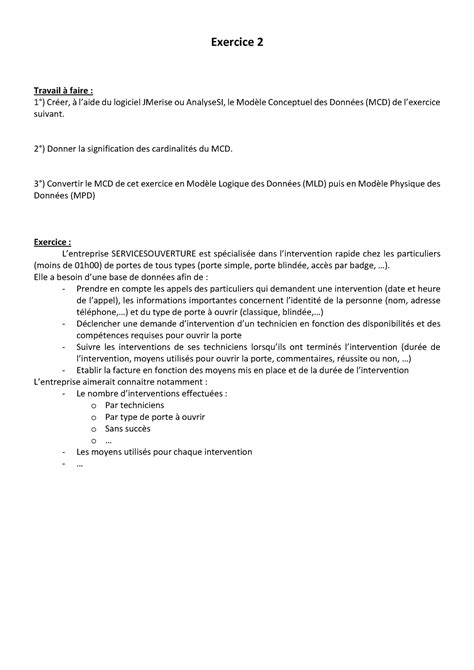 Exercice 2 Je Partage Mon Td Base De Données Exercice 2 Travail à Faire 1° Créer à L