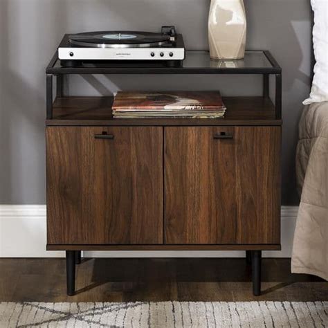 Modern Glass Top 2 Door Side Table Dark Walnut