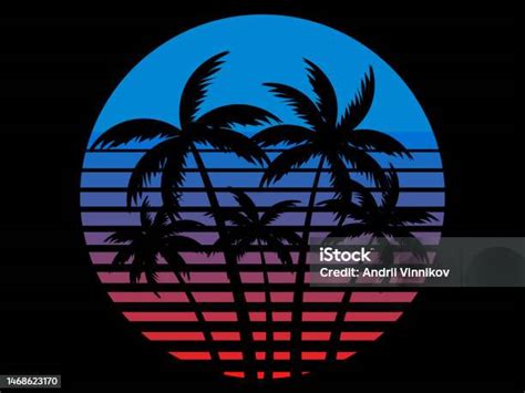 미래 지향적 인 80 년대 스타일의 일몰에 열대 야자수 여름철 신스웨이브와 레트로웨이브 스타일의 야자수 실루엣 광고 책자 및 배너 디자인 벡터 일러스트 레이 션 0명에 대한