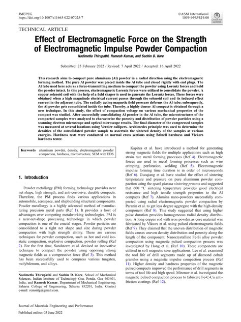 Pdf Effect Of Electromagnetic Force On The Strength Of Electromagnetic Impulse Powder Compaction
