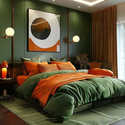 Forest Green And Orange Bedroom