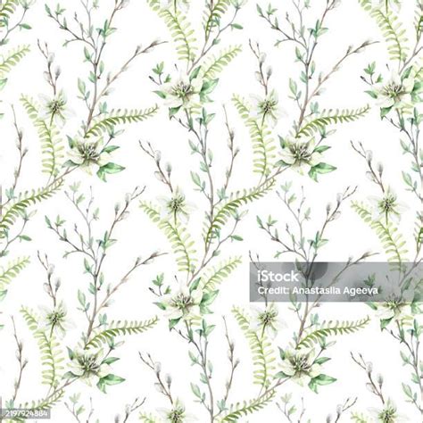 봄 가지 잎 양치류 버드 나무 및 Hellebore 꽃과 함께 수채화 완벽 한 패턴 녹색 장식은 손으로 그려지고 흰색 배경에 고립되어 있습니다 디자인 직물 섬유 월페이퍼용