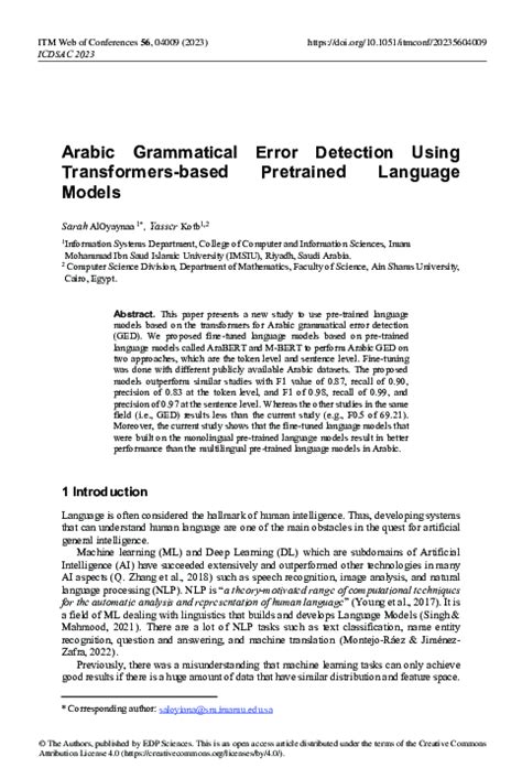 Pdf Arabic Grammatical Error Detection Using Transformers Based Pretrained Language Models