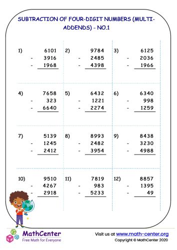 Subtraction Of Four Digit Numbers Multi Addends No1 Worksheets Math Center