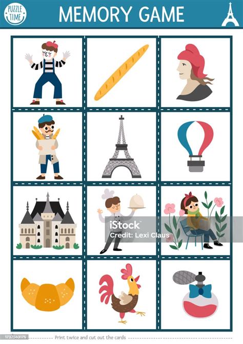 귀여운 전통 기호가 있는 벡터 프랑스 메모리 게임 카드 프랑스어 매칭 활동 올바른 카드를 찾으십시오 마임 바게트 에펠탑이 있는