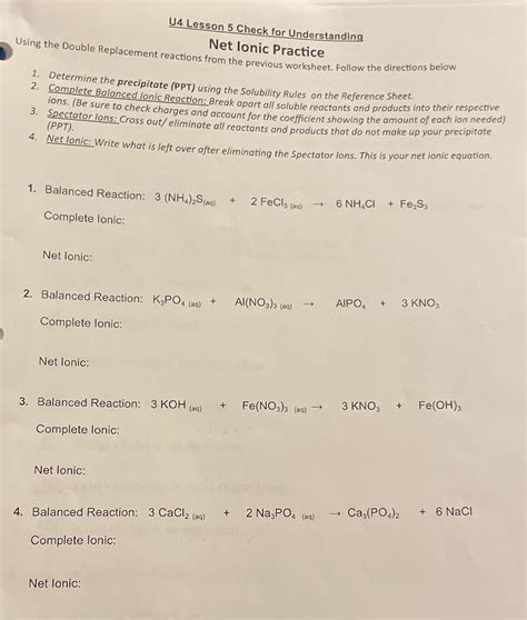 Solved Need Help U4 Lesson 5 Check For Understanding Net Ionic Practice Course Hero