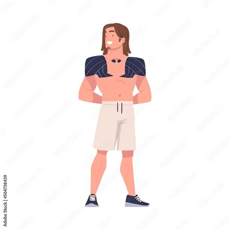 Happy Man Character With Replaced Robotic Shoulders As Body Part Prosthesis Restoring Normal