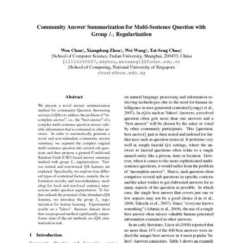 Community Answer Summarization For Multi Sentence Question With Group L1 Regularization Acl