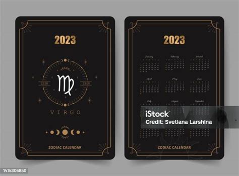 조디악 처녀자리 달력 2023 포켓 크기 앞면과 뒷면 주간은 일요일에 시작됩니다 점성술 벡터 템플릿을 인쇄 할 준비가되었습니다 별자리 기호가있는 영어로 된 수직 레이아웃