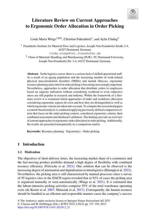 Pdf Literature Review On Current Approaches To Ergonomic Order Allocation In Order Picking