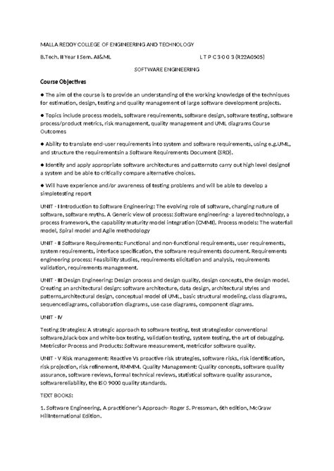 Se Syllabus Malla Reddy College Of Engineering And Technology B Ii Year I Sem Aiandml L T P C