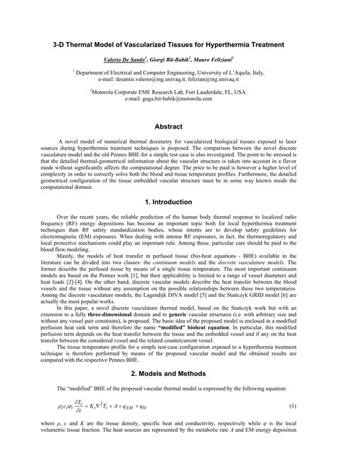 Pdf 3 D Thermal Model Of Vascularized Tissues For Hyperthermia Treatment