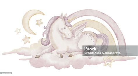 구름에 유니콘 와 별 와 Rainbow 수채화 Illustration 아기 인사말 카드 또는 어린아이 생일 초대장에 대 한 뿔과 날개를 가진 귀여운 작은 말의 그림 소녀를