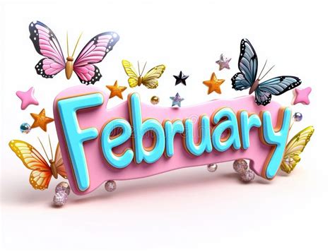 February Month Illustration With Butterflies And Stars Stock