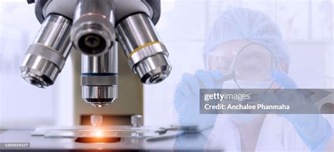 Laboratory Concept Closed Up Picture Of Microscope With A Blurred Background Of Microbiology