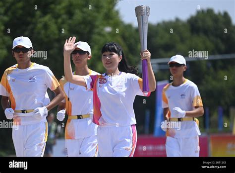 Jiaxing Chinas Zhejiang Province 10th Sep 2023 Torch Bearer Zhang Xiaoping Runs With The