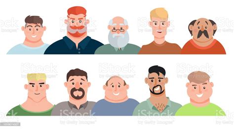 성인 남자 아바타 세트 청남 청소년 노인 얼굴 아바타 초상화 다문화 인간의 머리 초상화 벡터 일러스트레이션 컬렉션입니다 흰색으로 격리됩니다 20 29세에 대한 스톡 벡터